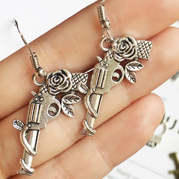 Jewelry | New Gorgeous Rose Wrapped Pistol Revolver Gun Dangle Earrings ...